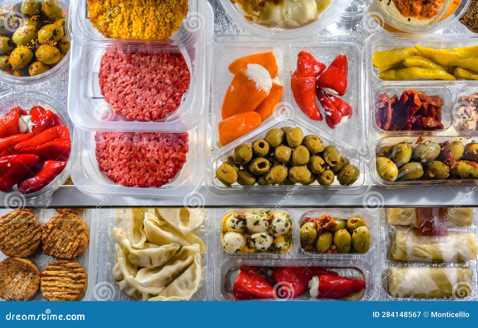 Variety of Prepackaged Food Products in Plastic Boxes Stock Image ...