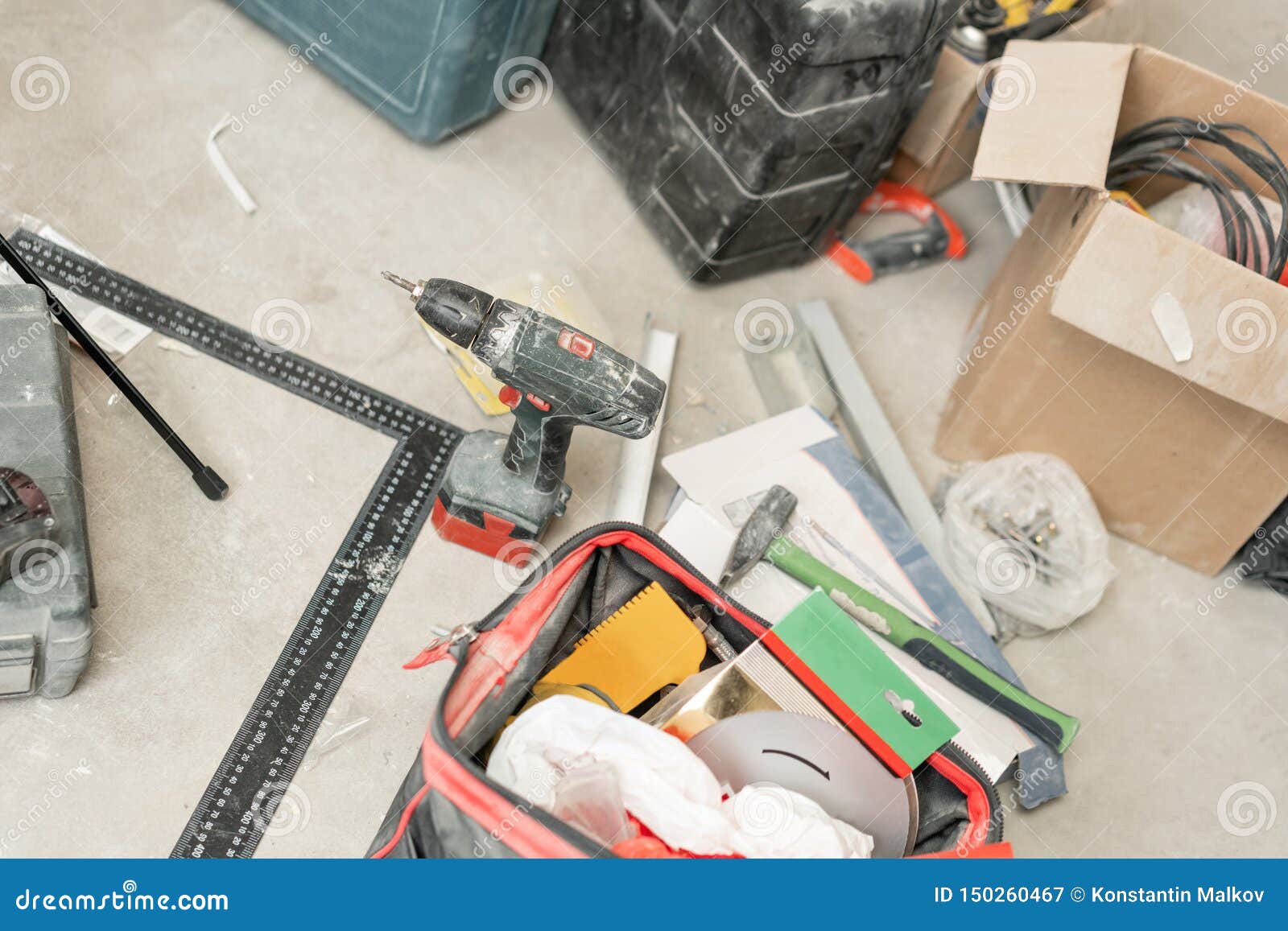 Variety of Repair Tools on Concrete Floor. Old Tools Renovation, Repair ...