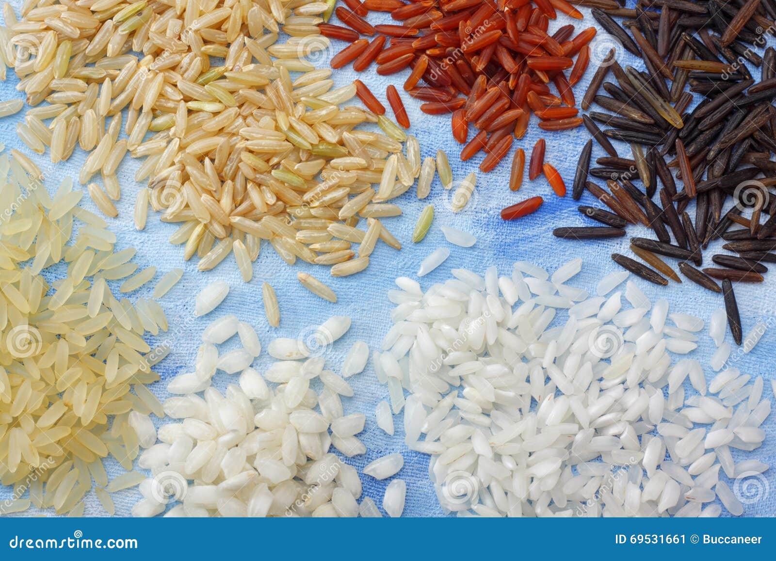 Variety of Rice Grains Over Painted Textile Background Stock Image ...