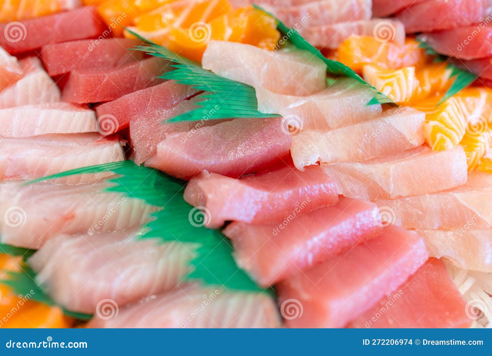 Variety of sashimi in box stock photo. Image of meat - 272206974