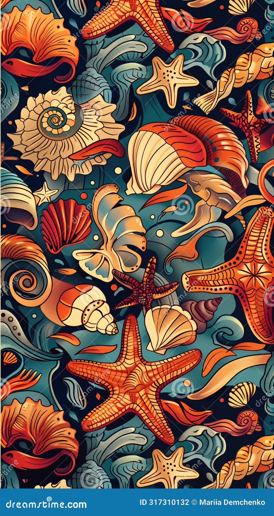 Variety of Sea Shells, Starfish and Swirl Patterns on Dark Abstract ...