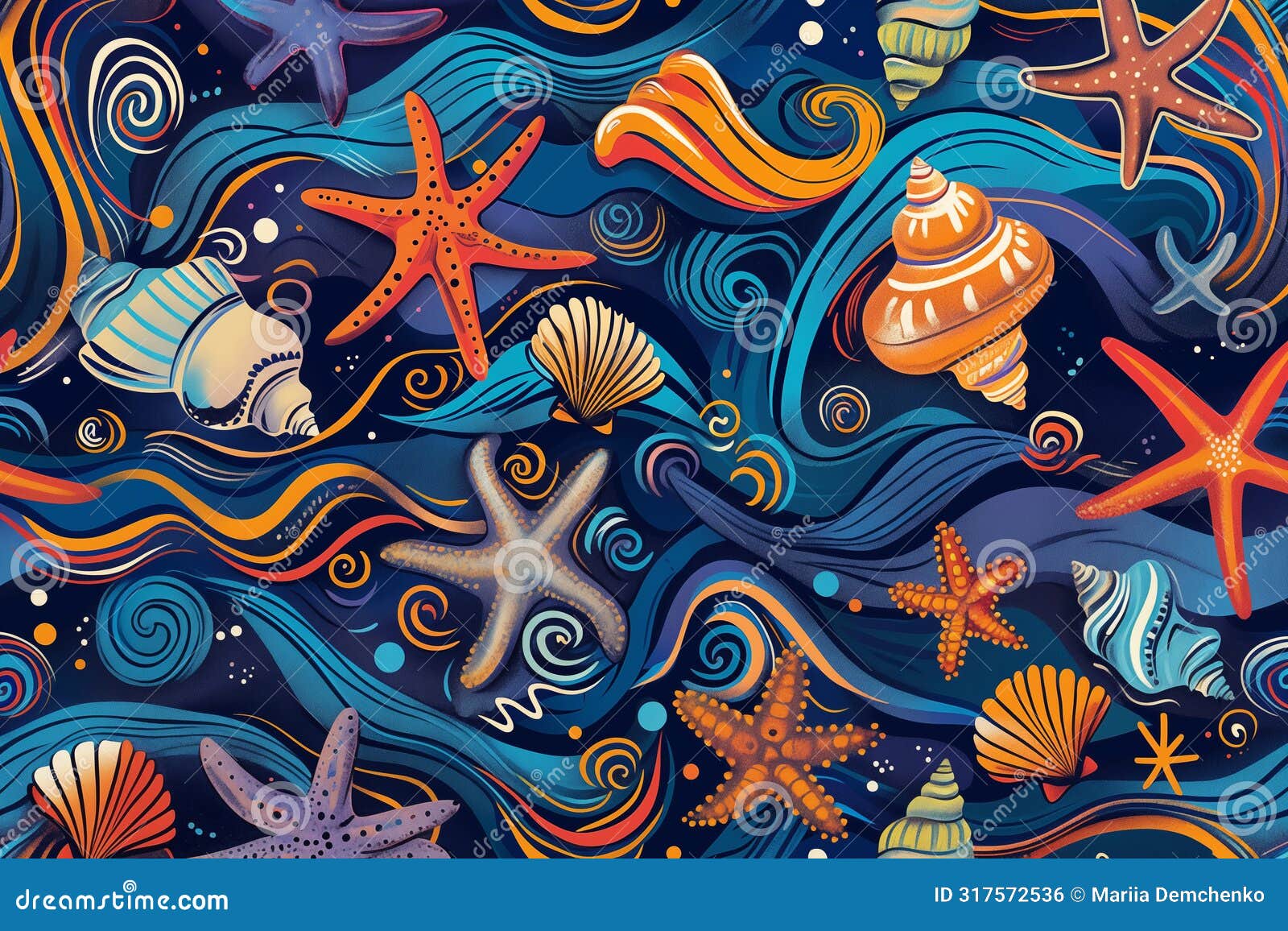 Variety of Sea Shells, Starfish, and Swirling Ocean Waves Background ...