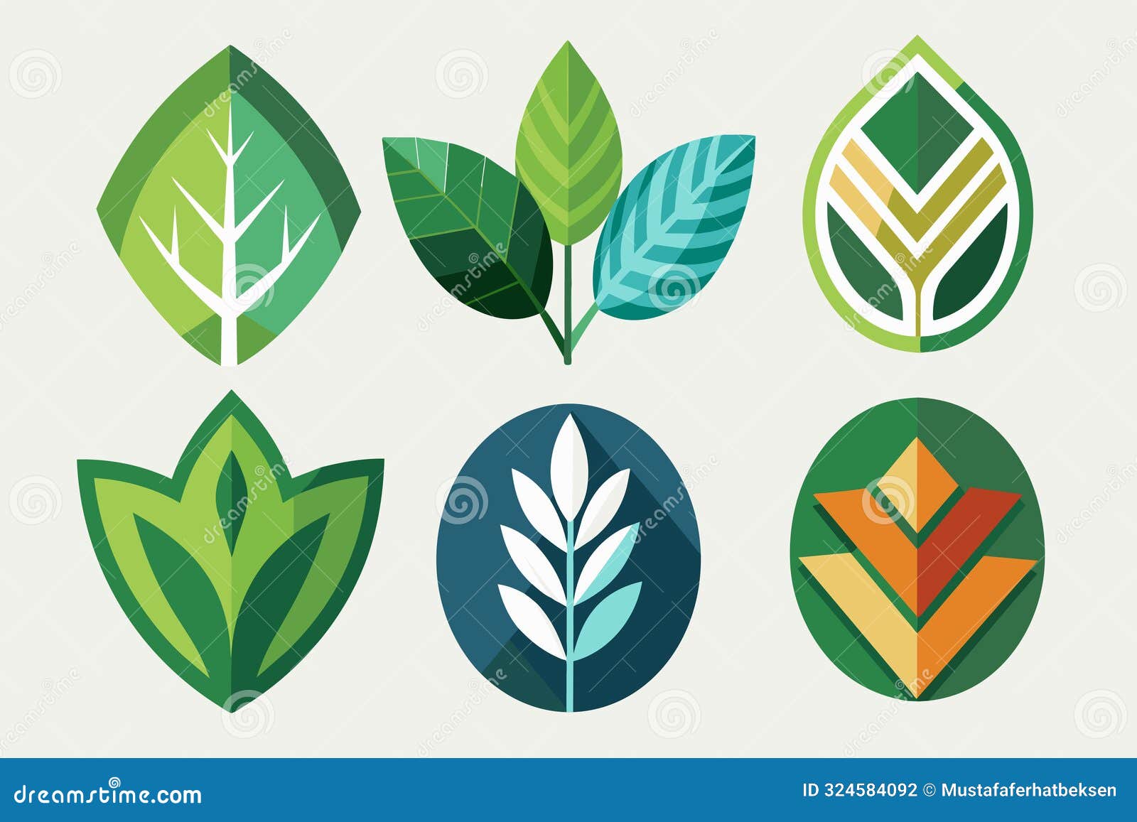A Variety of Six Stylized Green Leaf Symbols on a White Background ...