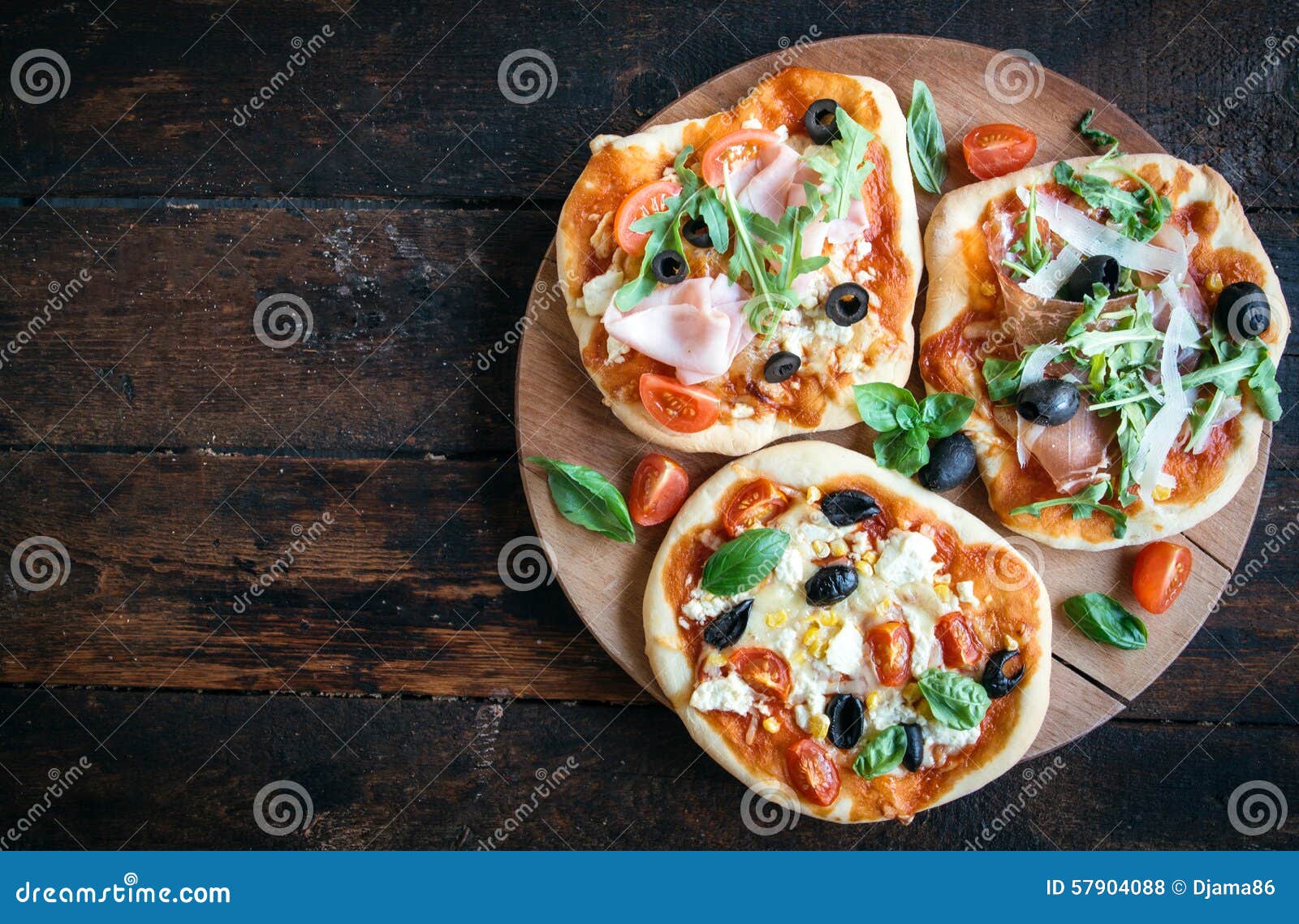 Variety of small pizzas stock photo. Image of shot, restaurant - 57904088