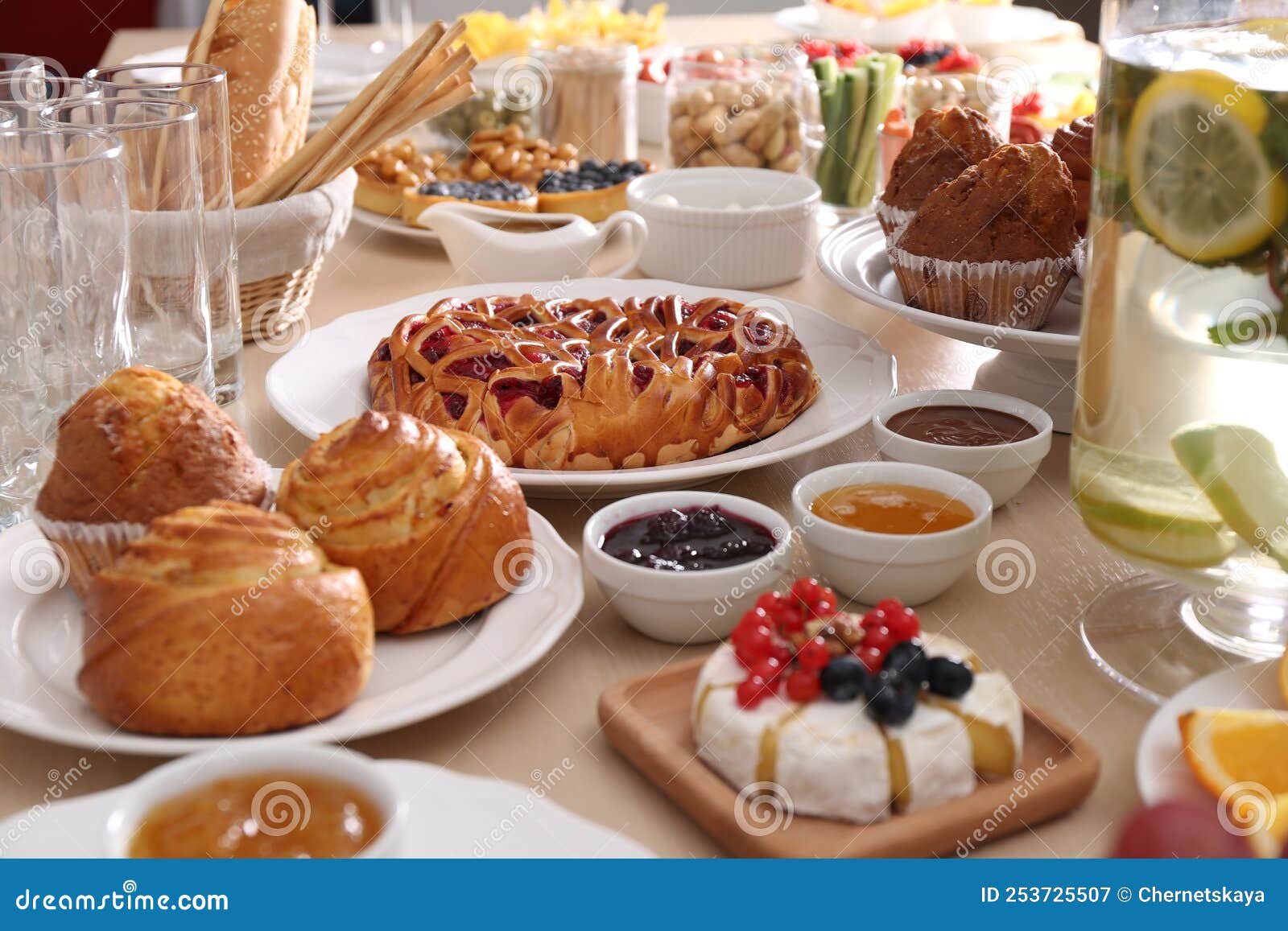 Variety of Snacks on Wooden Table in Buffet Style Stock Image - Image ...