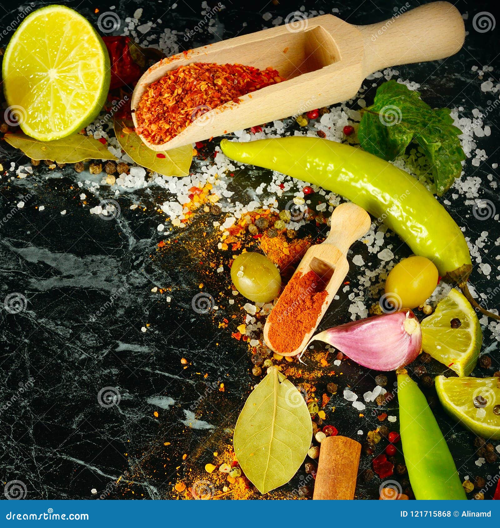 Variety of Spices and Herb on Kitchen Table. Stock Photo - Image of ...