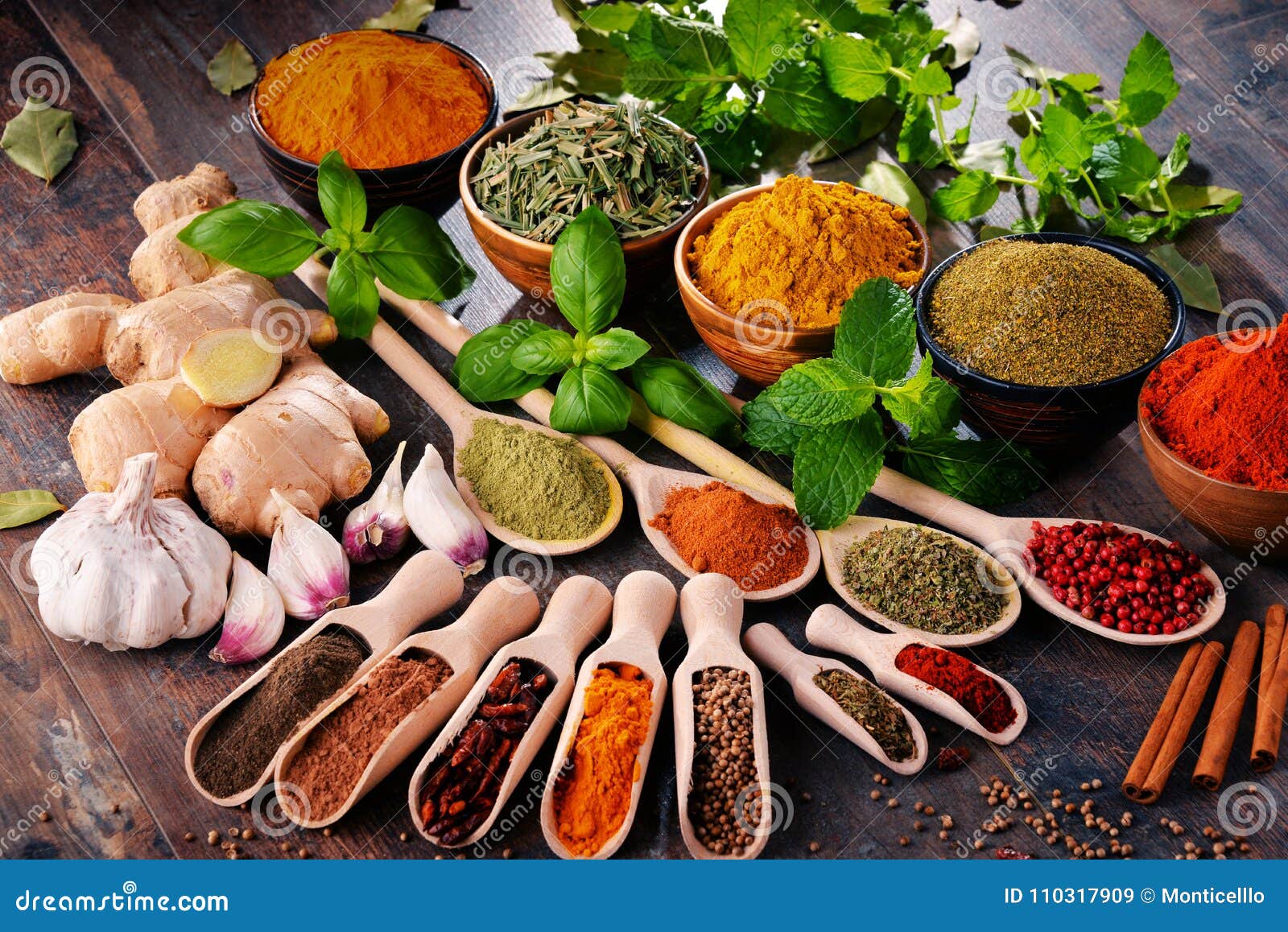 Variety of Spices and Herbs on Kitchen Table Stock Image - Image of ...