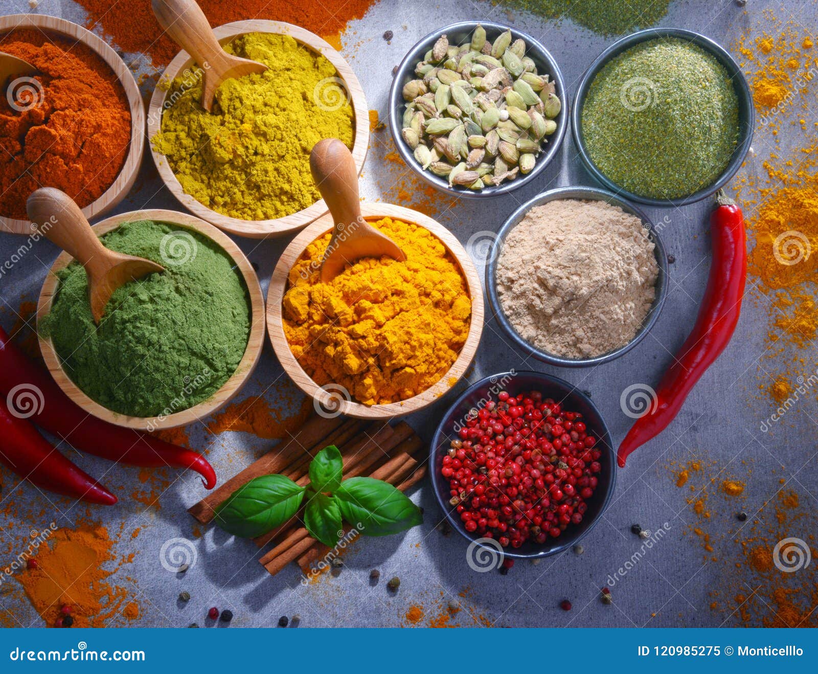 Variety of Spices on Kitchen Table Stock Image - Image of bowl ...