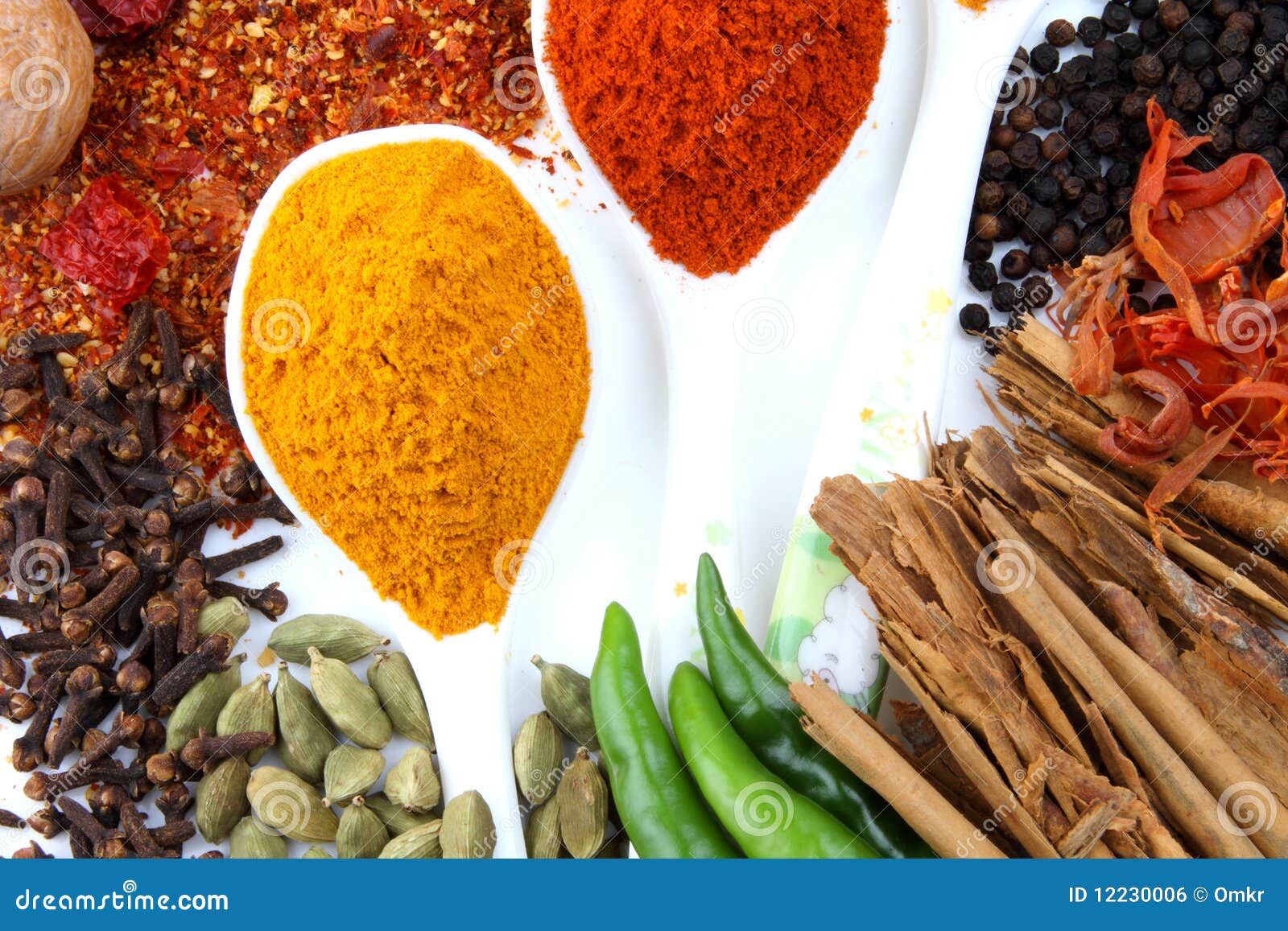 Variety of Spices on White Background Stock Photo - Image of flakes ...