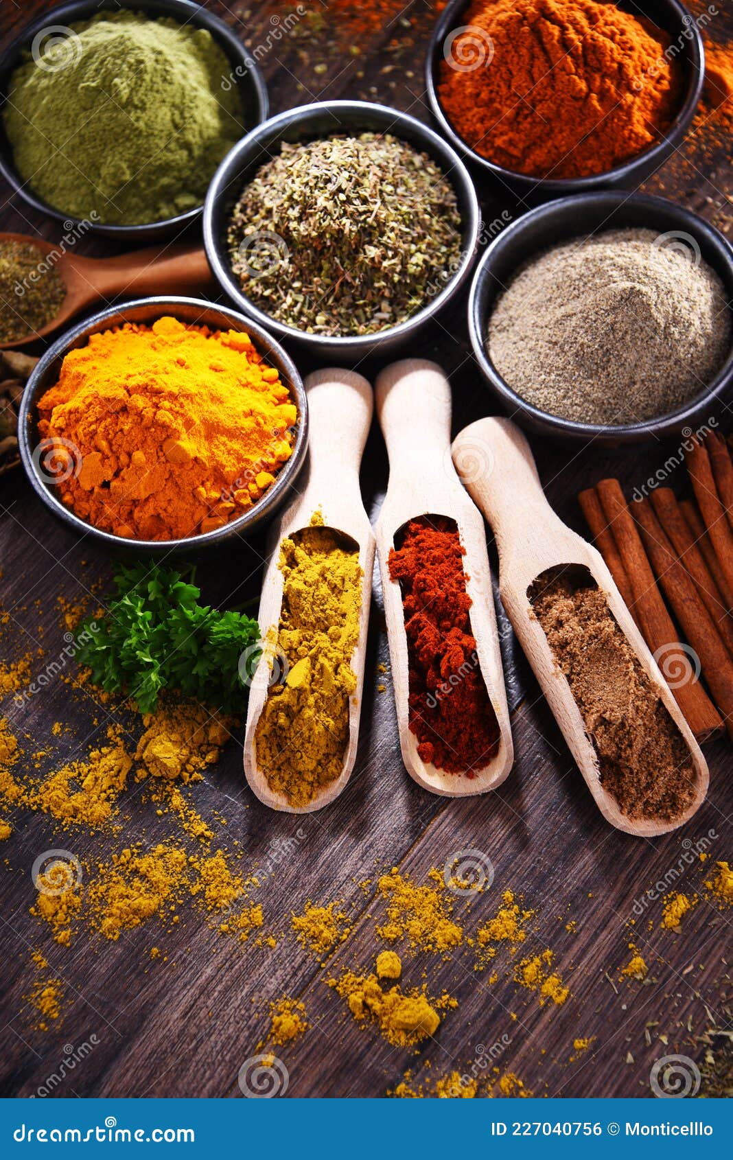 Variety of Spices on Wooden Kitchen Table Stock Photo - Image of ...