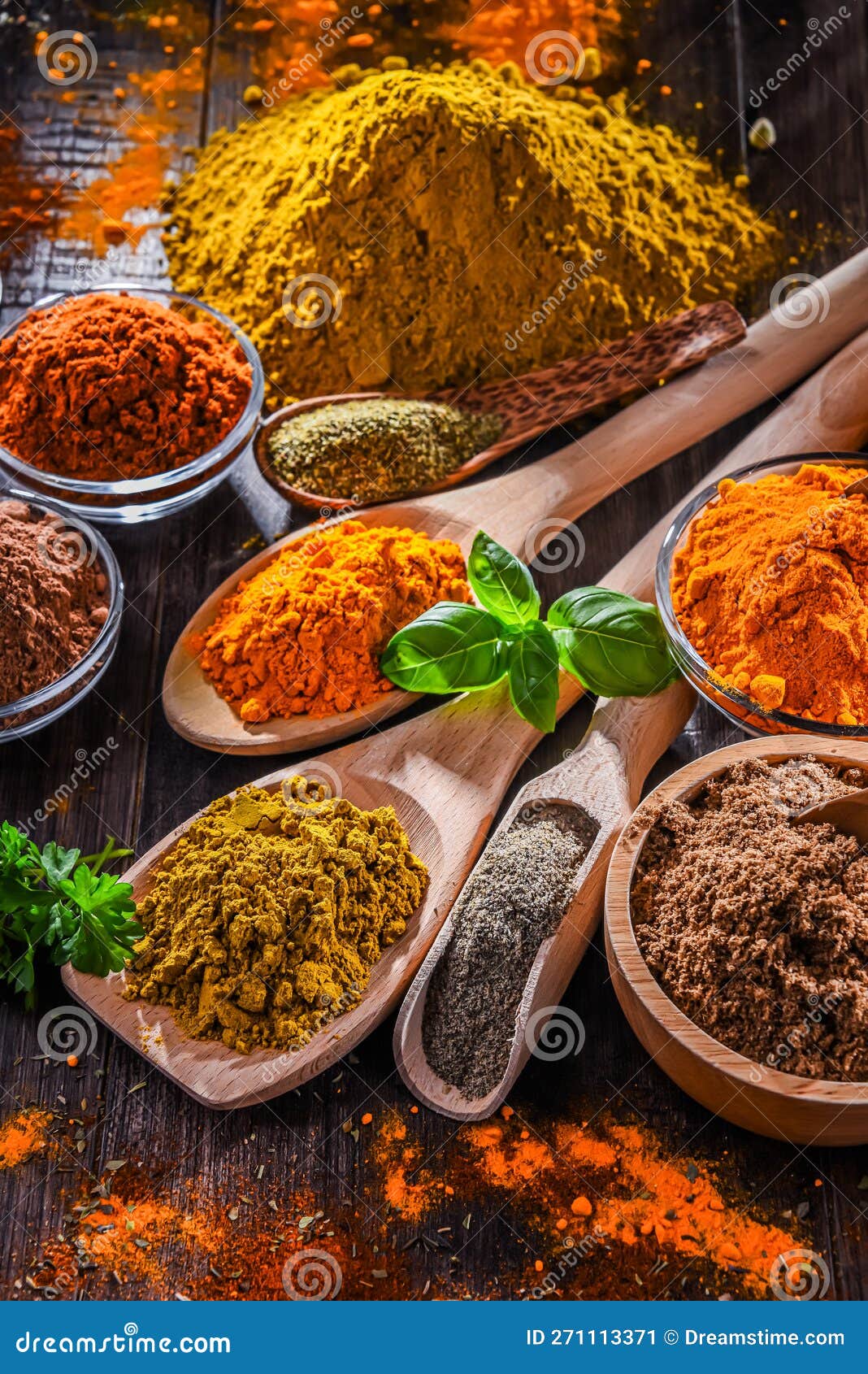 Variety of Spices on Wooden Kitchen Table Stock Image - Image of dish ...