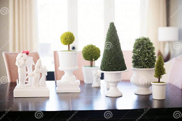A Variety of Tabletop Topiaries in White Planters on a Glossy Table ...