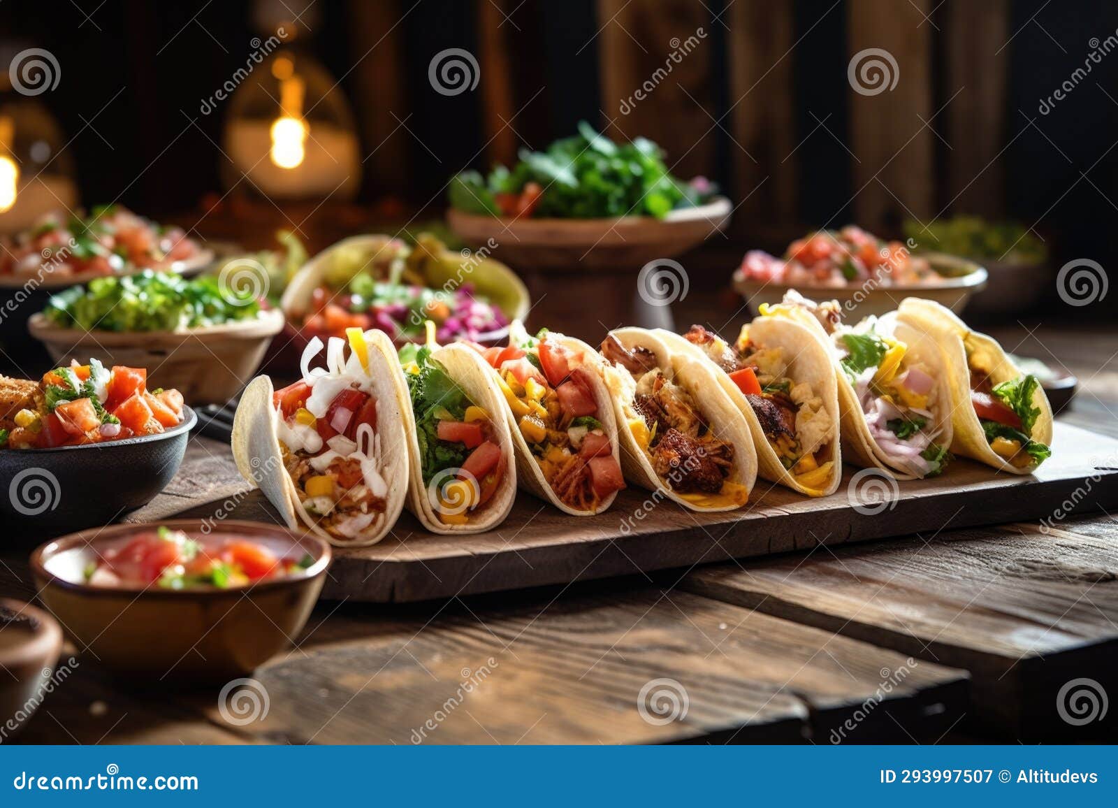 Variety of Tacos with Different Fillings on Rustic Table Stock Image ...
