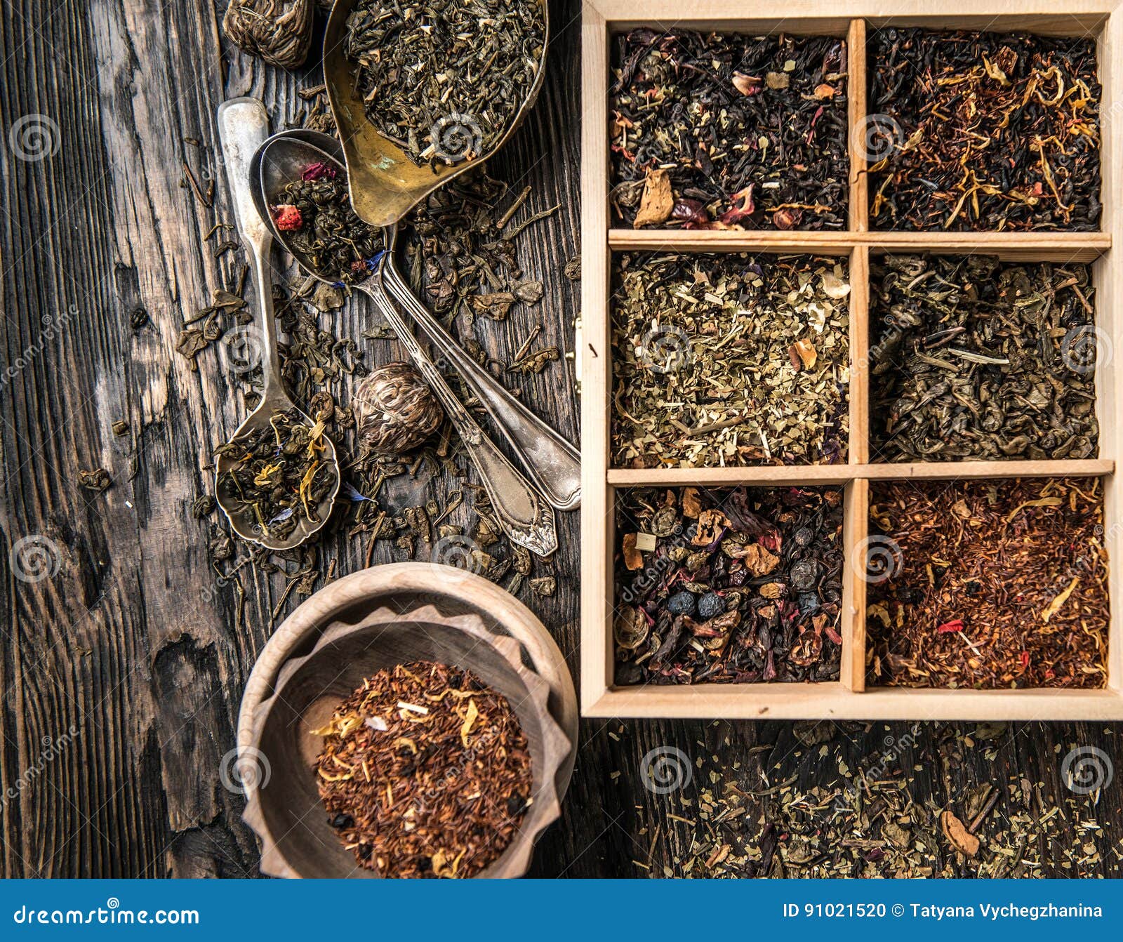 Variety of Teas, Mixes in Copper Dish, Topview Stock Photo - Image of ...