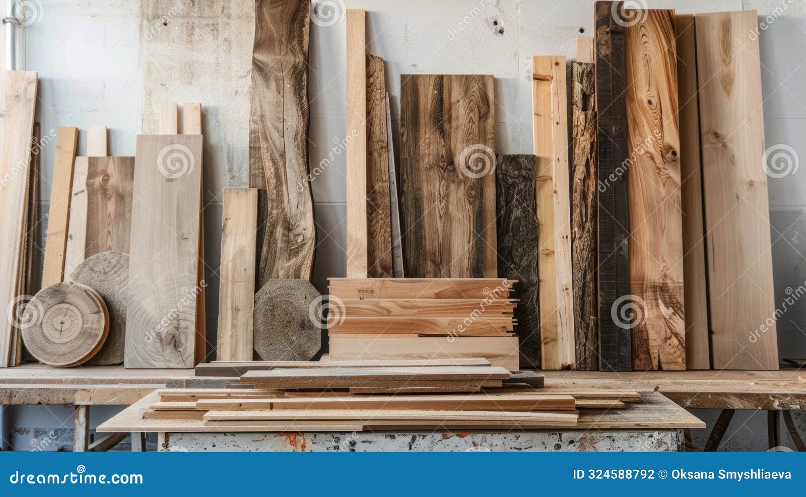 Variety of Wood Planks and Timber Sections in Carpentry Workshop Stock ...