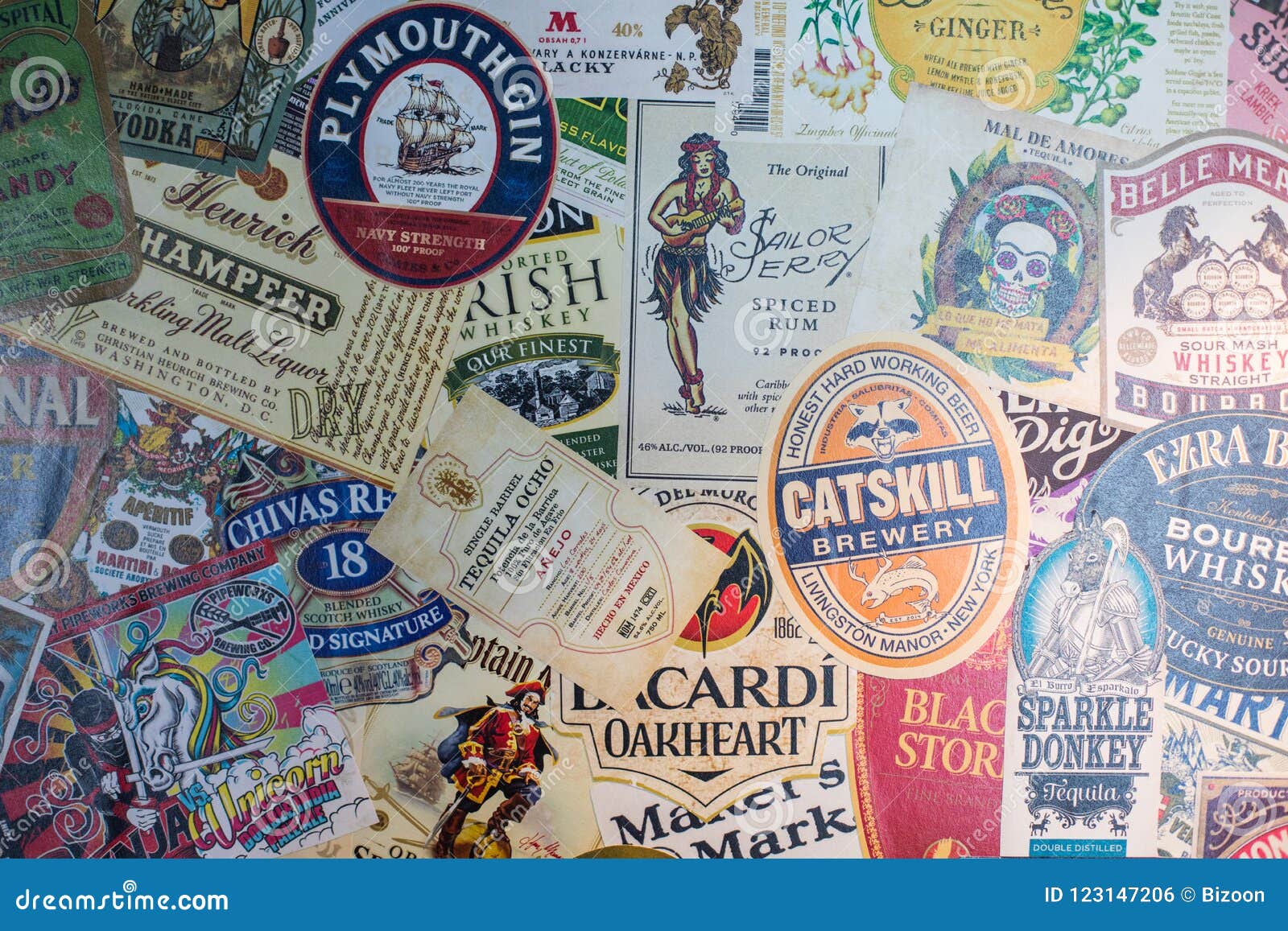 Various alcohol labels editorial photo. Image of design - 123147206