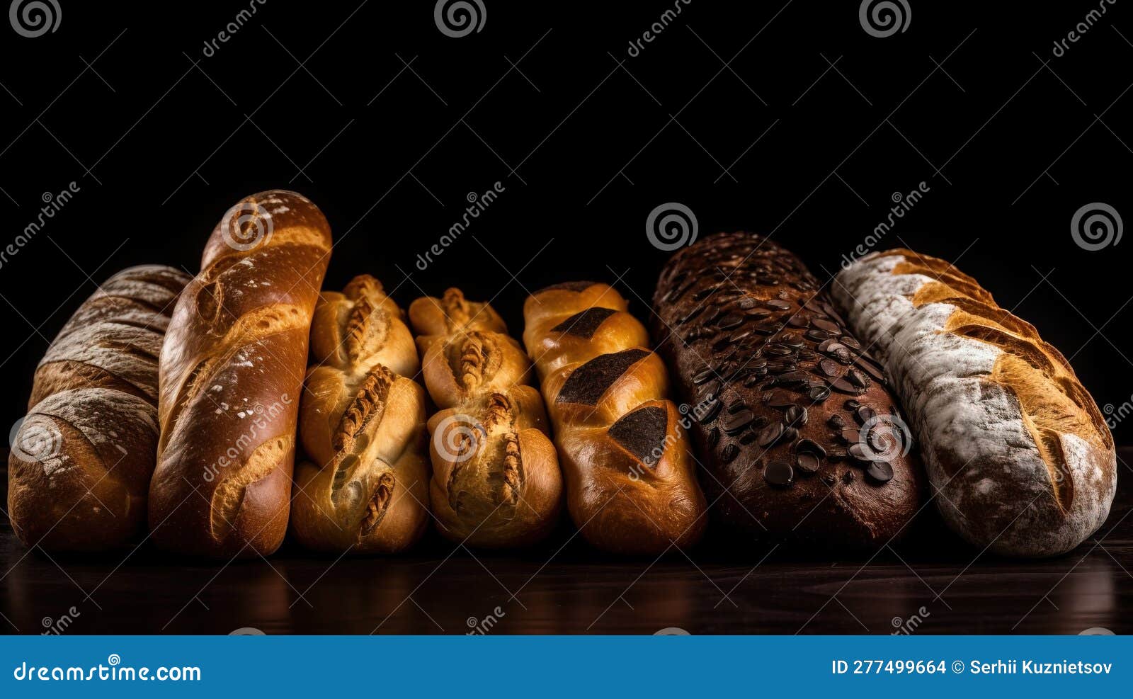 Various Assortment of Fresh Bread in a Row, Black Background Isolate ...