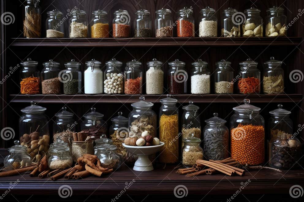 Various Baking Ingredients in Glass Jars on a Shelf Stock Photo - Image ...