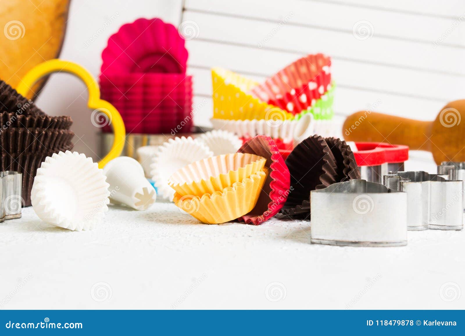Various Baking Shapes and Tools on White Background Stock Photo - Image ...