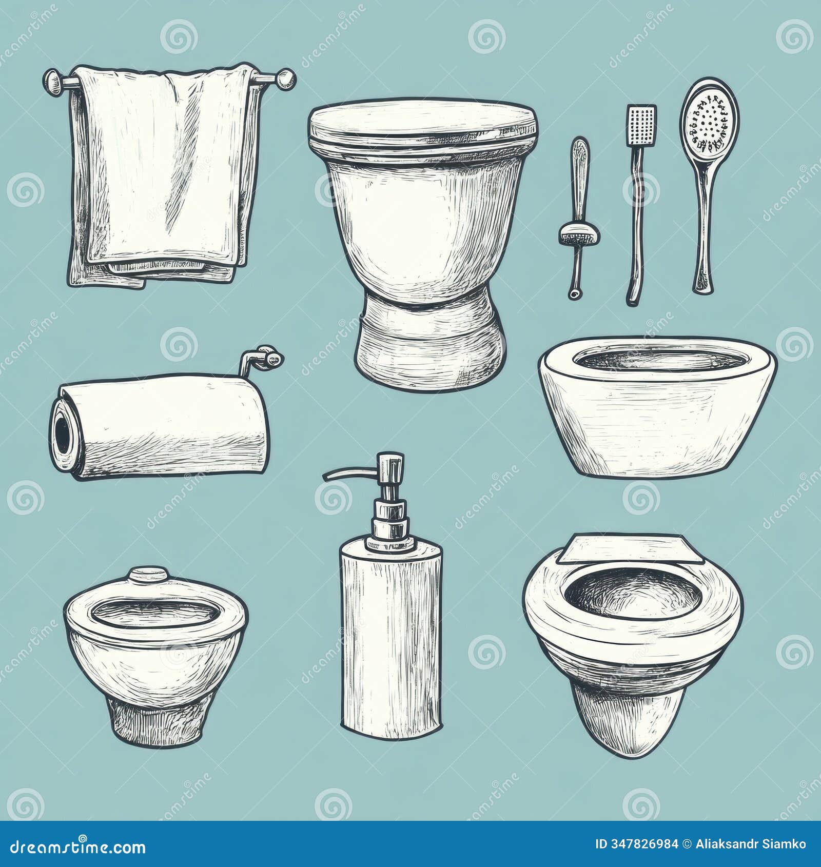 Various Bathroom Items Sketched on a Light Blue Background Stock ...