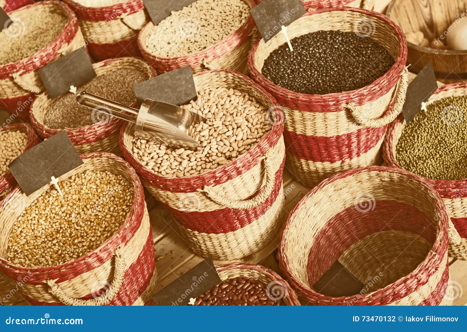 Various beans in baskets stock photo. Image of variety - 73470132