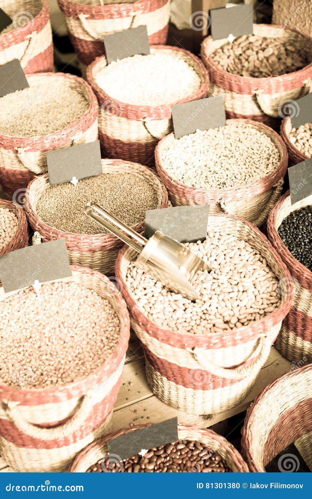 Various Beans in Baskets Selling Stock Photo - Image of legume ...