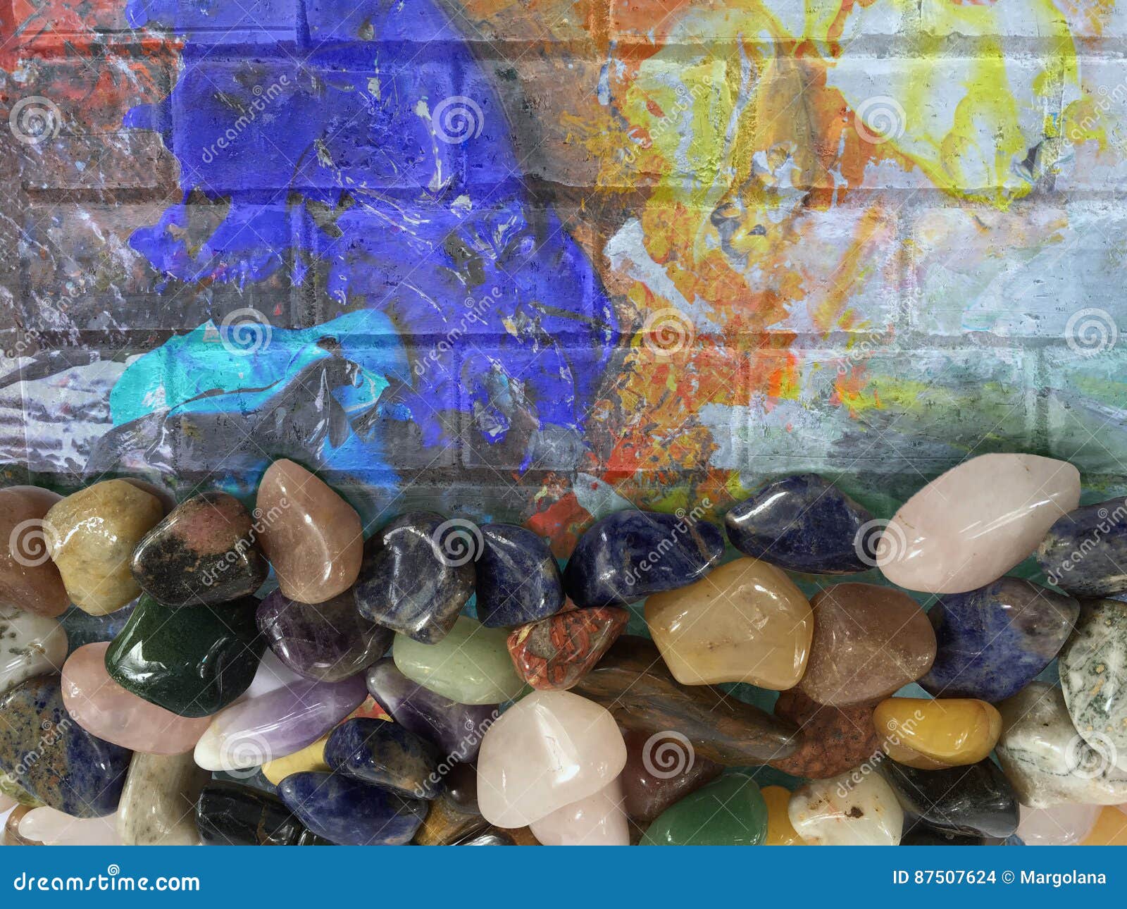Various Beautiful Gemstones on Painting Wall Stock Photo - Image of ...