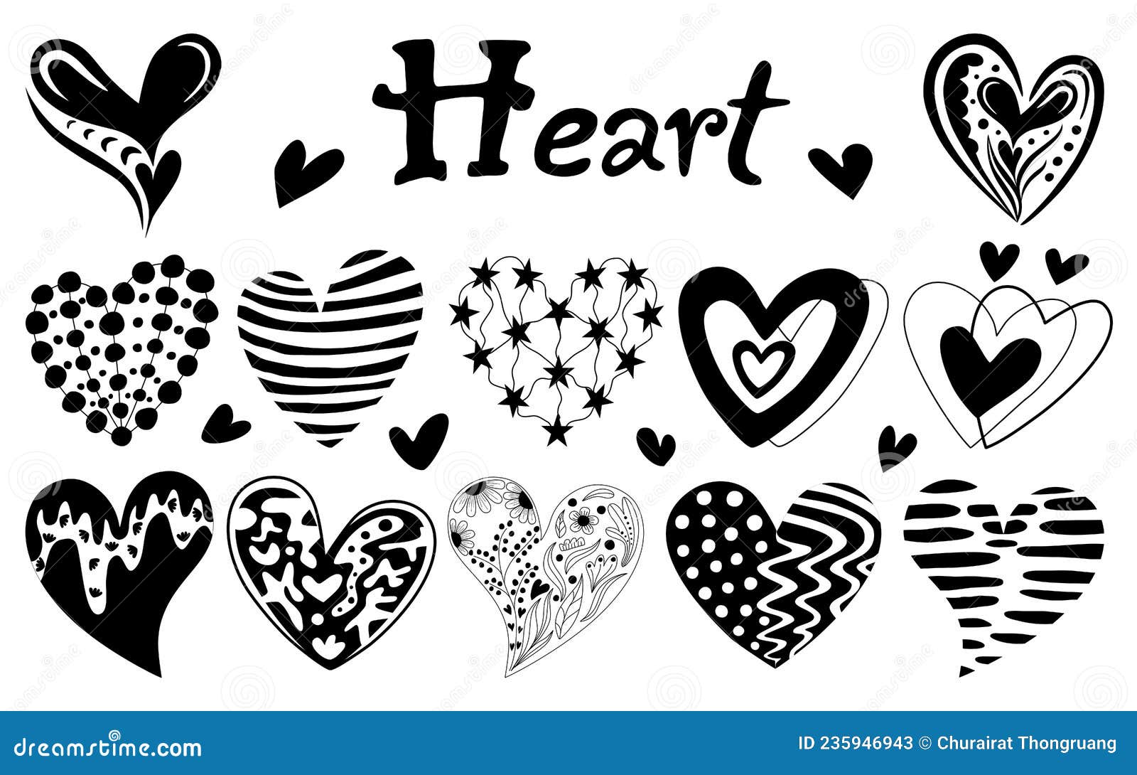 Various Black Heart Patterns Designed in Doodle Style Stock Vector ...