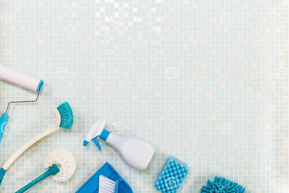Various Blue Cleaning Tools and Tile Stock Image - Image of simple ...