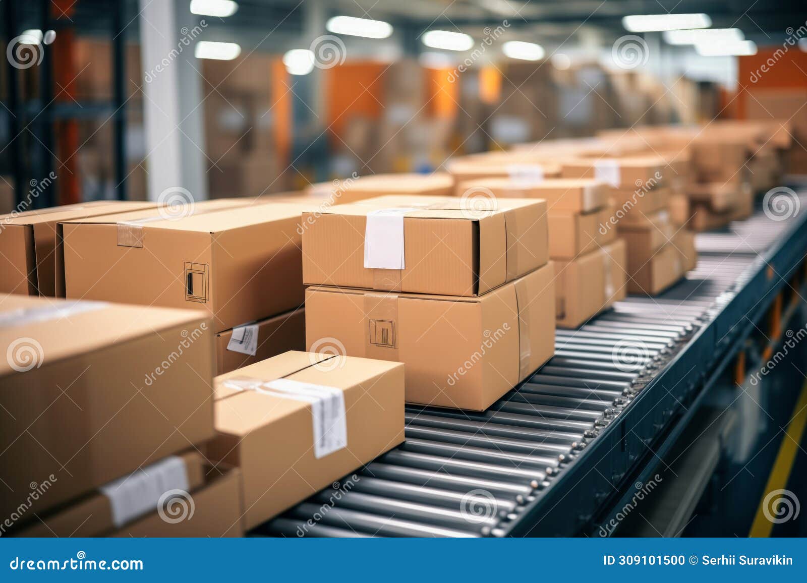 Various Boxes of Different Sizes and Shapes Moving Along a Conveyor ...