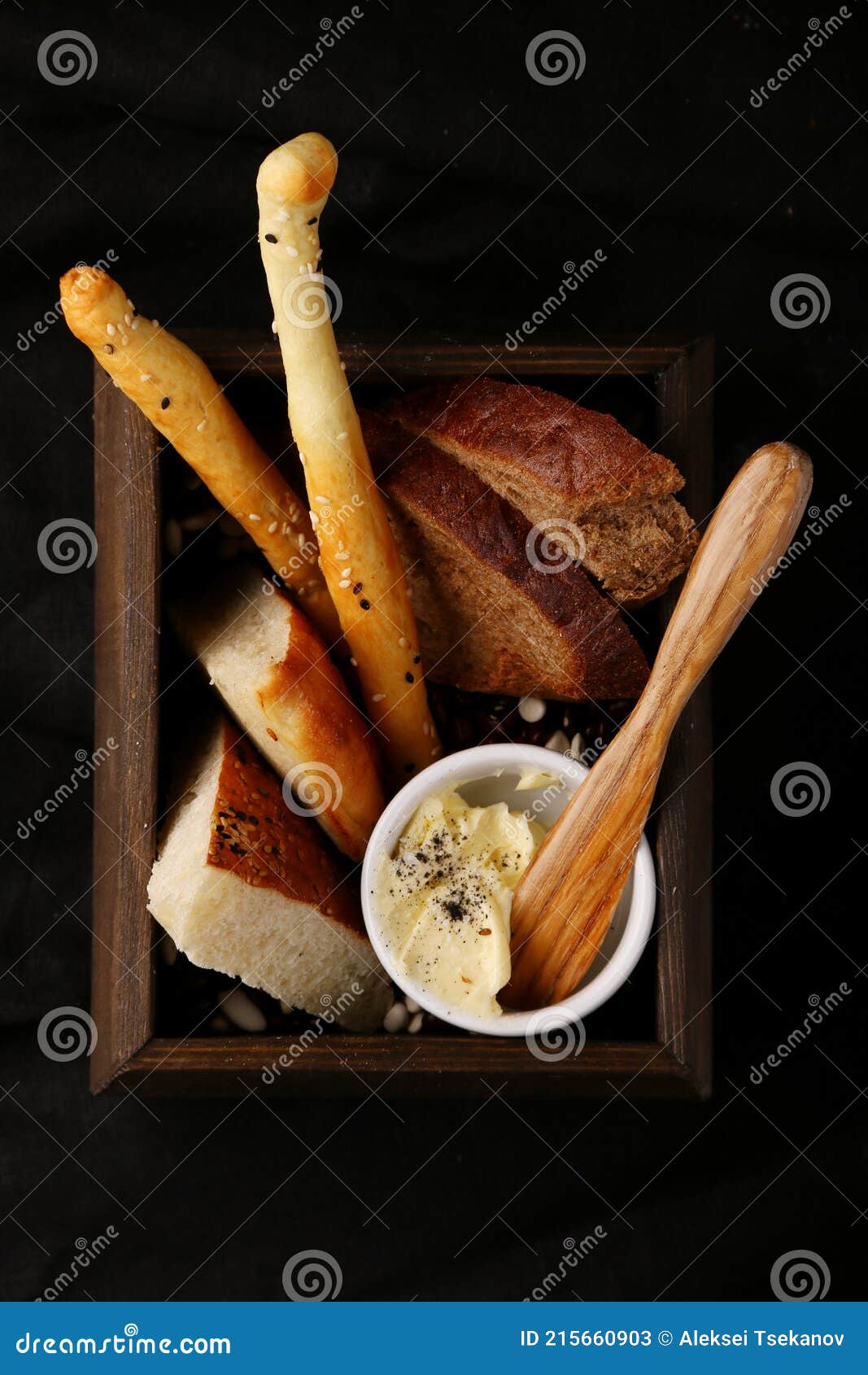 Various Bread Top View. Bread on Wooden Box and Dark Backdrop. Fresh ...
