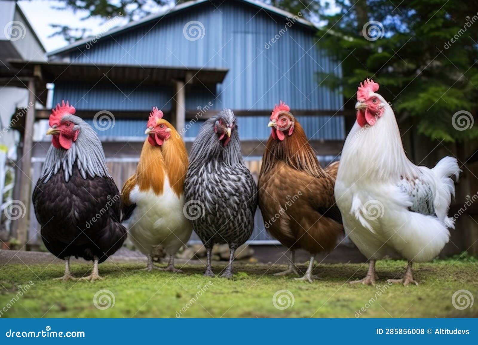Various Breeds of Chickens Roaming in Backyard Stock Photo - Image of ...