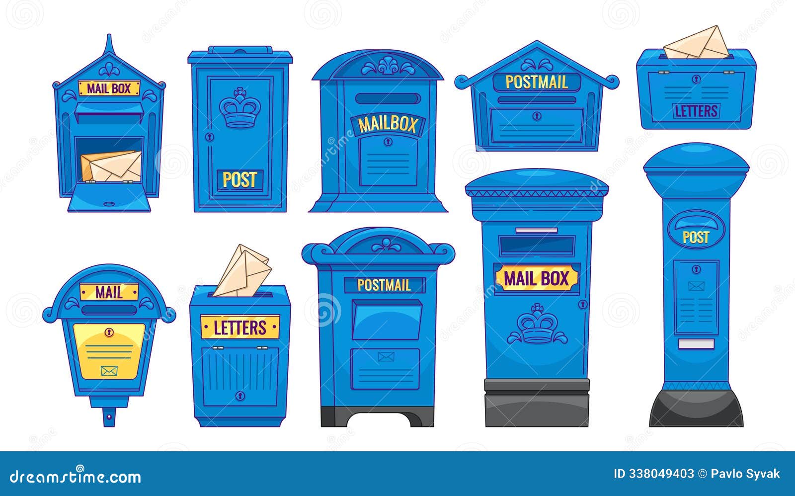 Various British Blue Mailboxes Displaying Assorted Styles and Designs ...