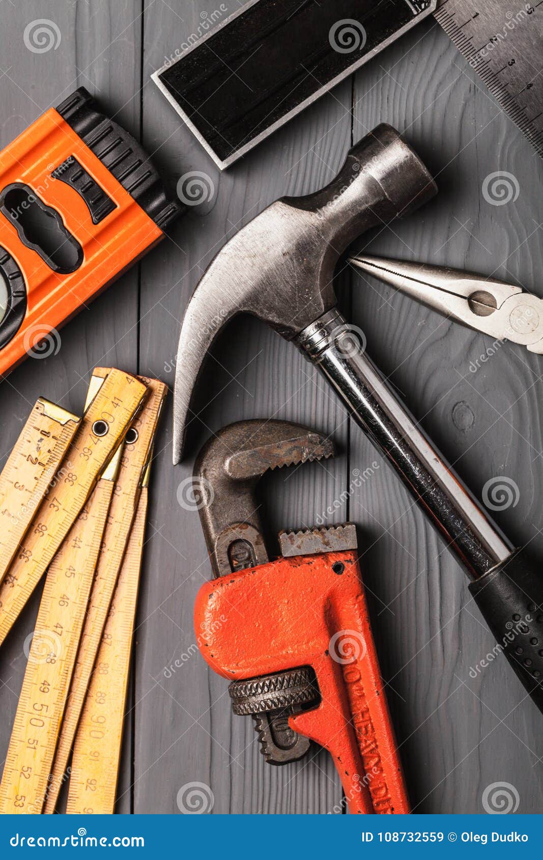 Various Building Tools on Wooden Stock Image - Image of mechanic ...