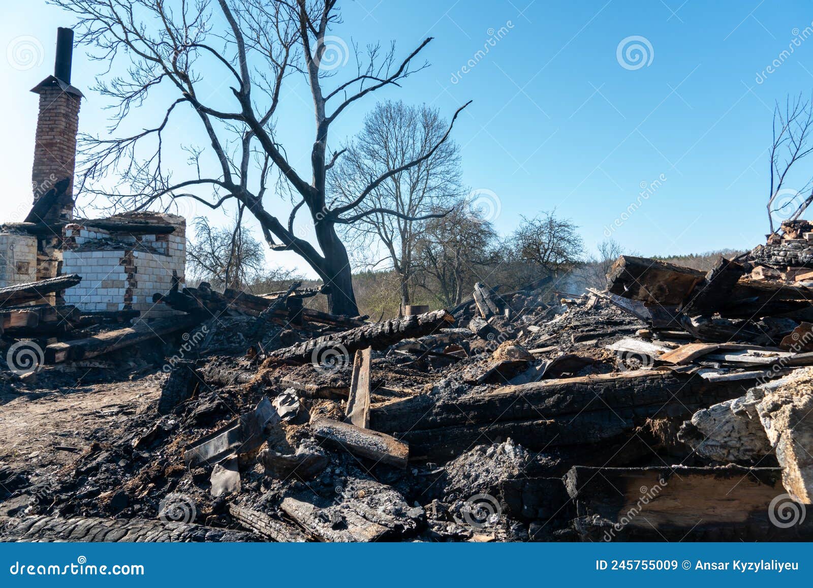 Various Burnt Things after the Fire are Scattered on the Ground. a ...