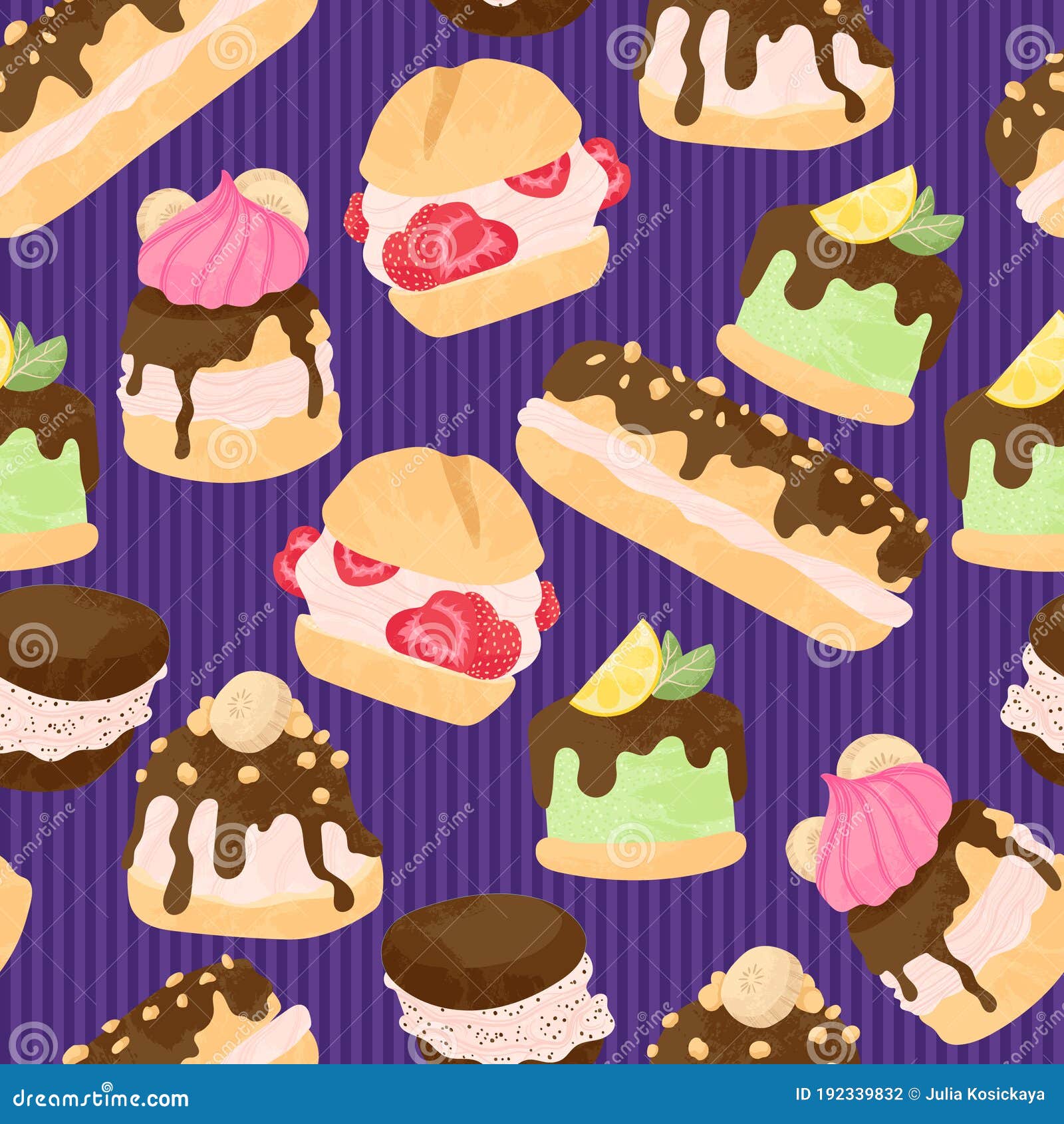 Various Cake, Eclair and Profiterole Vector Seamless Pattern in Flat ...