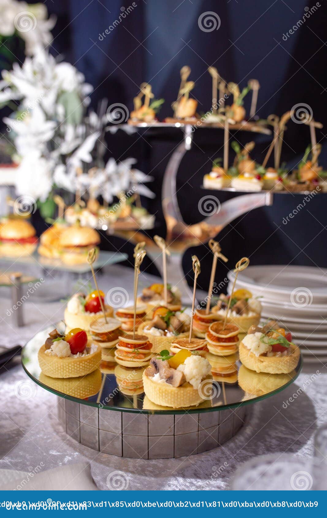 Various Canapes and Drinks on the Buffet Table on a Stand Stock Image ...