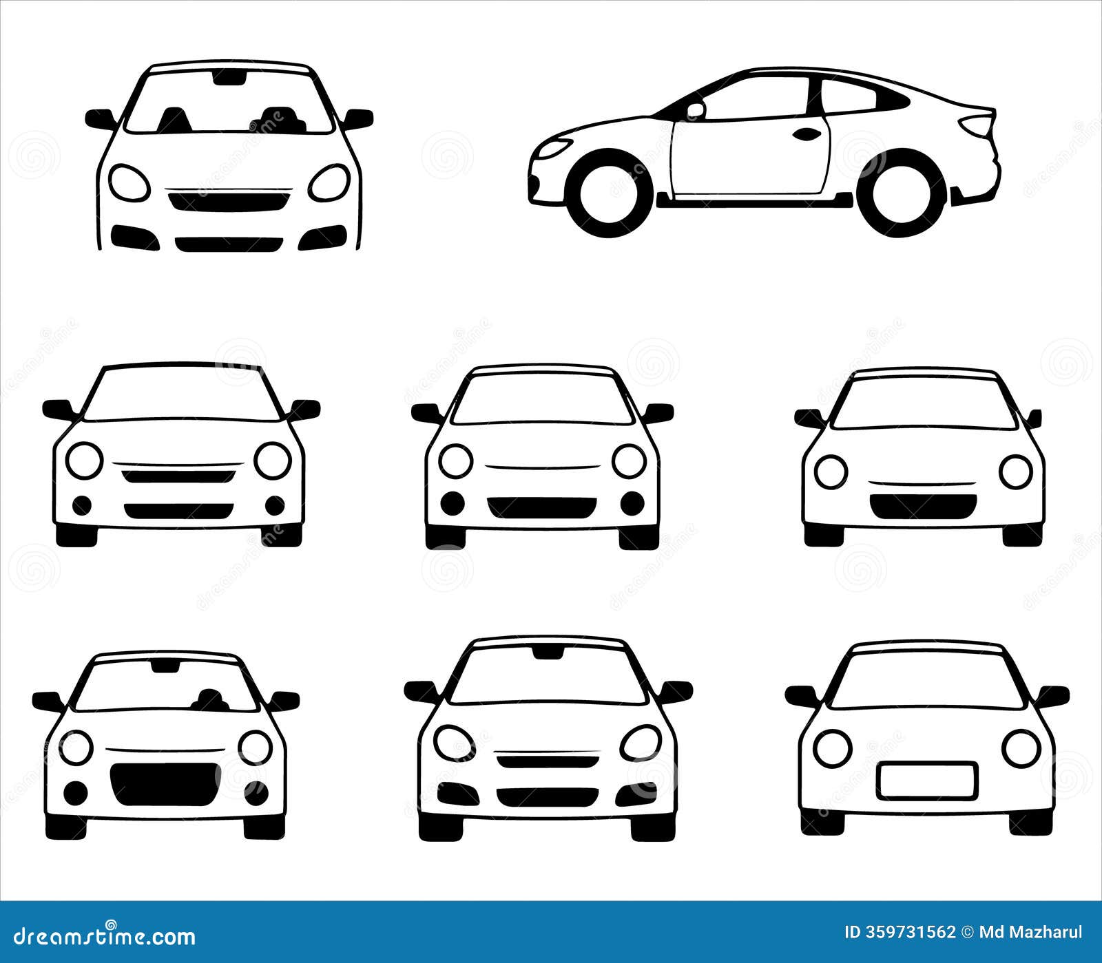 Various Car Front and Side Views in Outline Style Stock Illustration ...