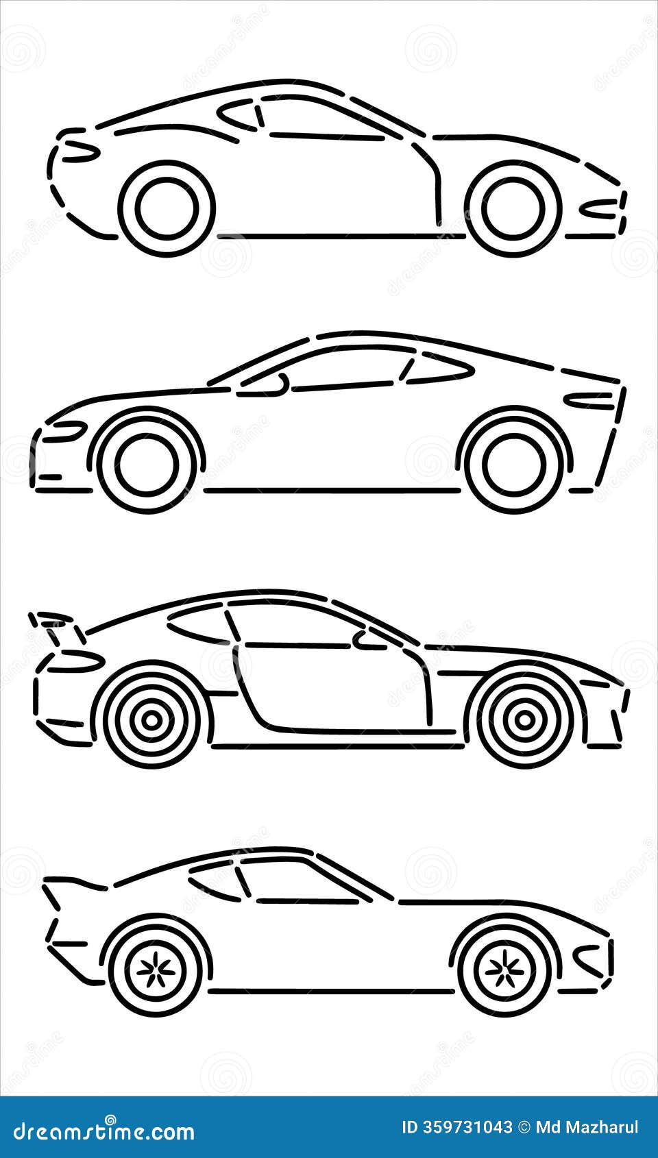 Various Car Front and Side Views in Outline Style Stock Illustration ...