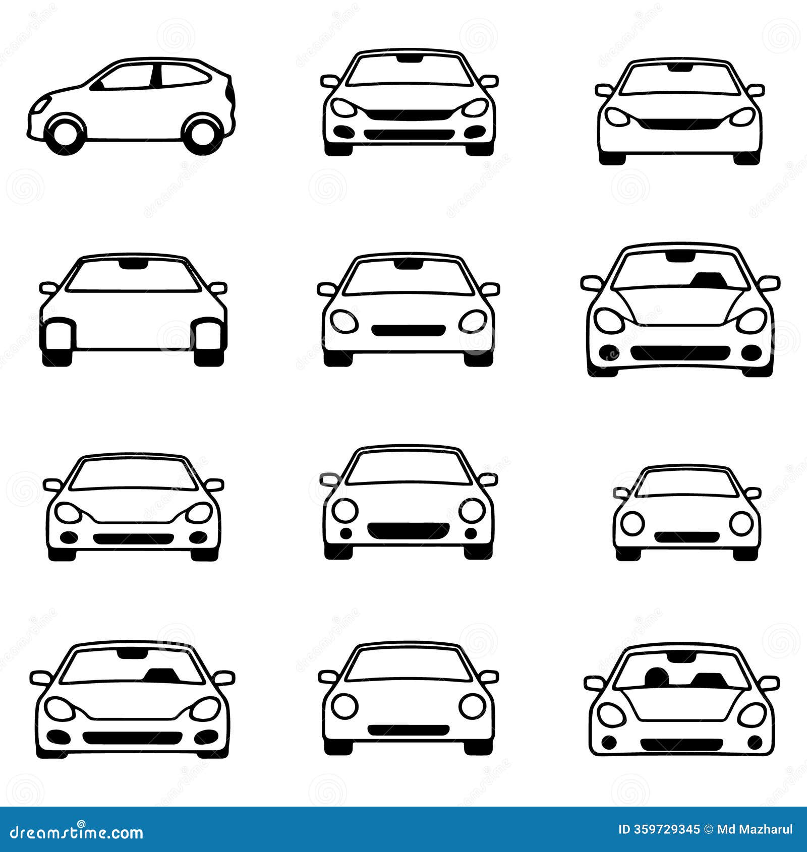Various Types Car Front and Side Views in Outline Style Bundle Design ...