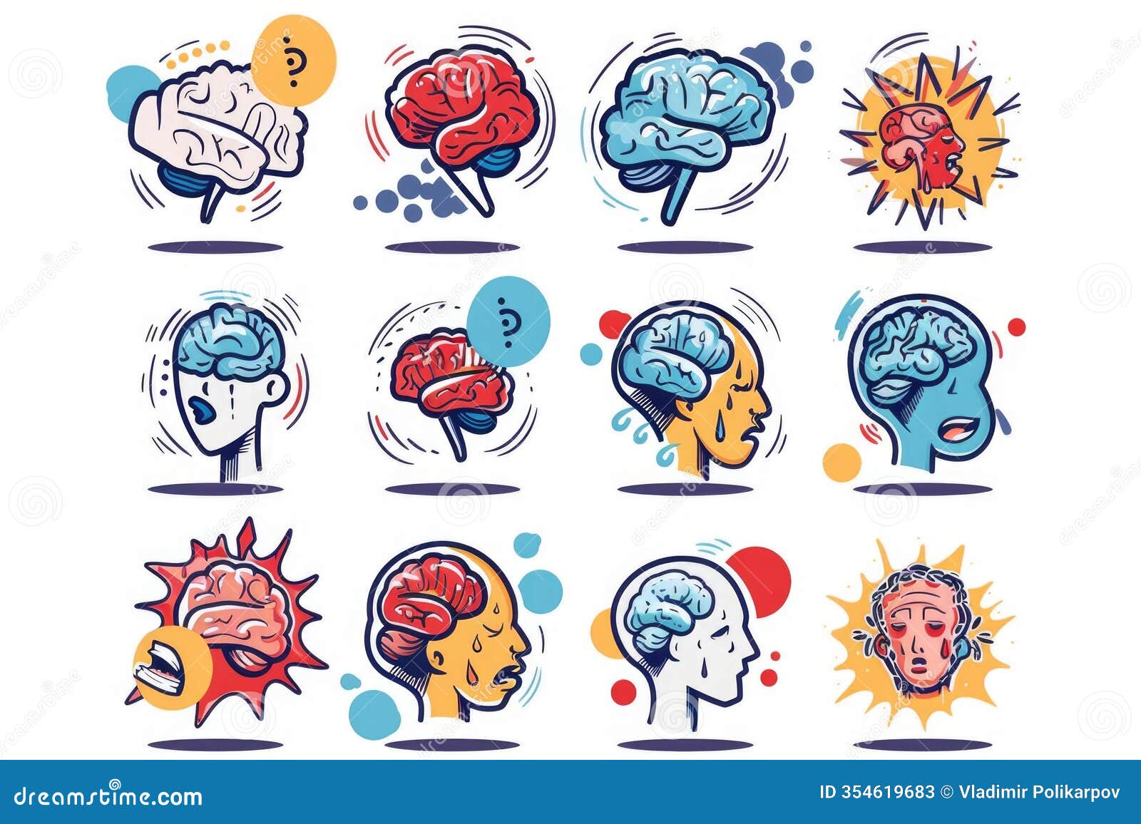 Various Cartoon Brain Illustrations on a White Background. Perfect for ...