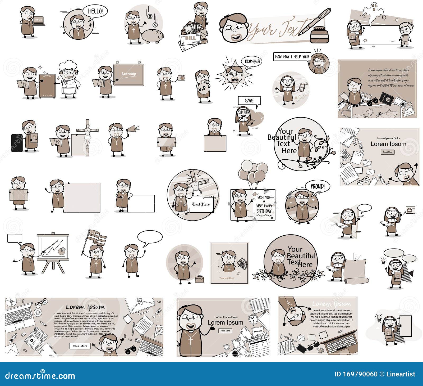 Various Catholic Priest Monk Character - Set of Concepts Vector ...