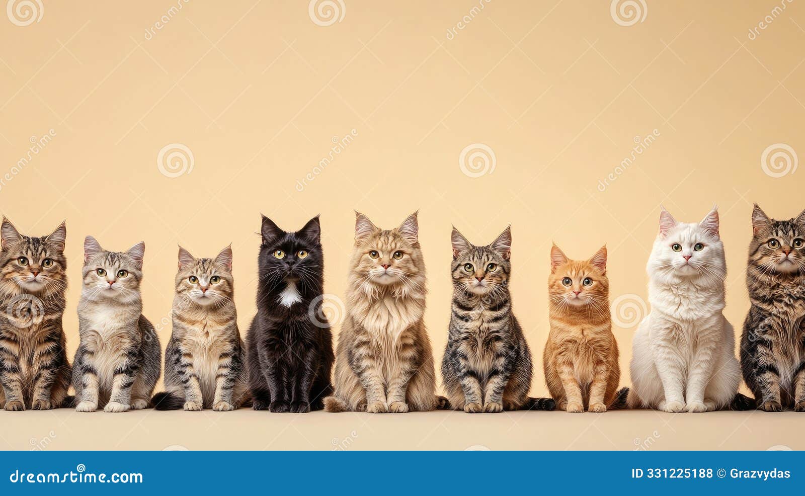 Various Cats Group Sitting on a Light Beige Color Background Stock ...