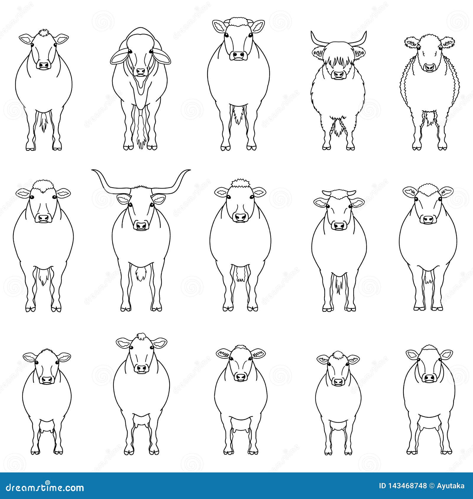 Various Cattle Line Arts Set Stock Vector - Illustration of brahman ...