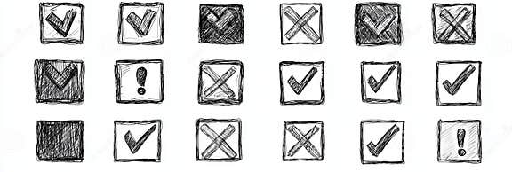 Various Charcoal Check Marks and Crosses in Oval or Square Frames ...