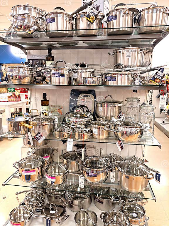 Various Chrome Pots on a Store Counter Editorial Stock Image - Image of ...