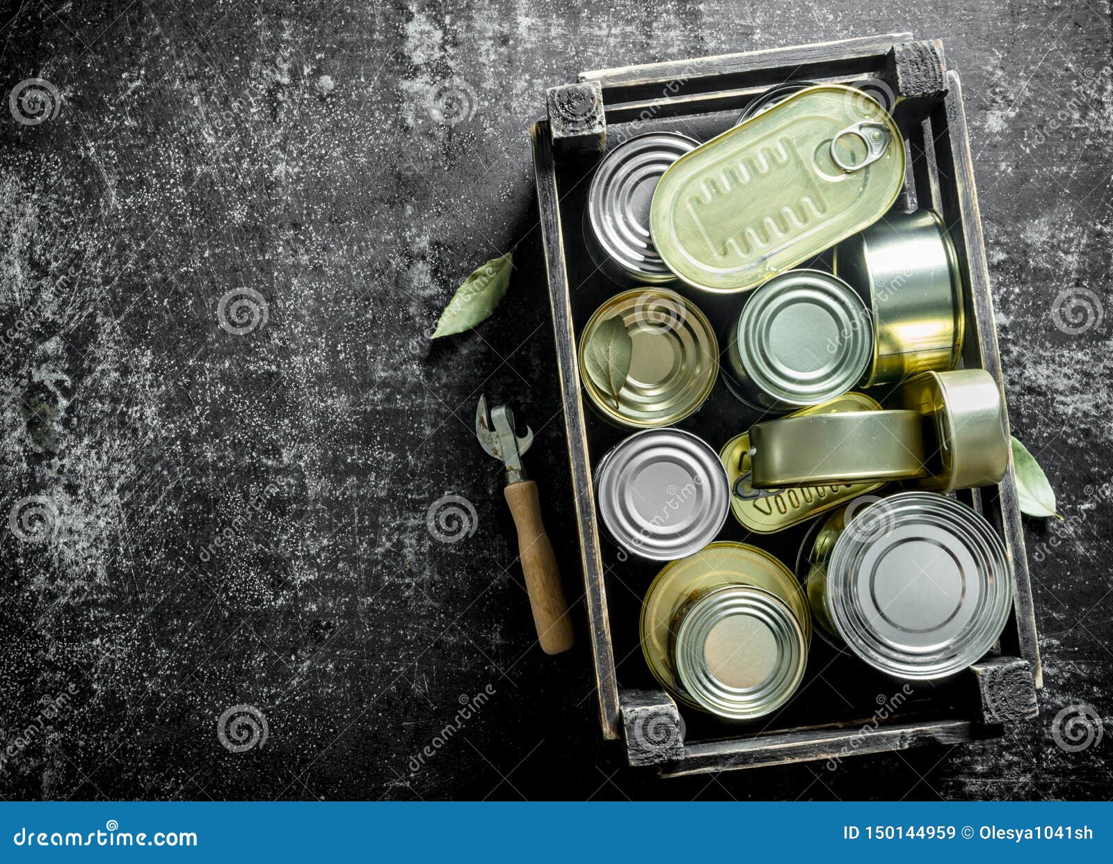 Various Closed Cans in a Box with a Opener Stock Image - Image of ...