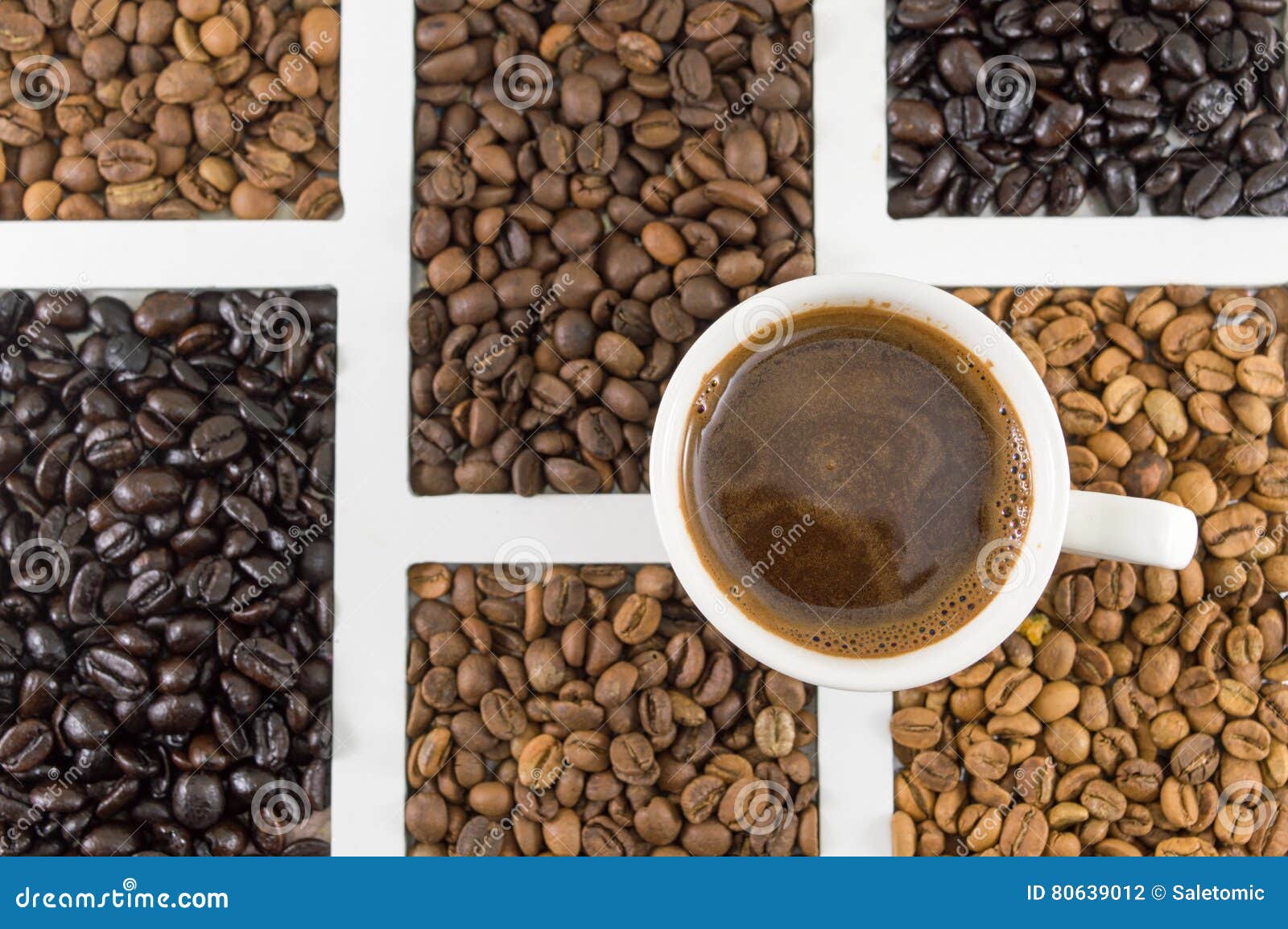 Various Coffee Grains in White Container Shot Flat Stock Photo - Image ...