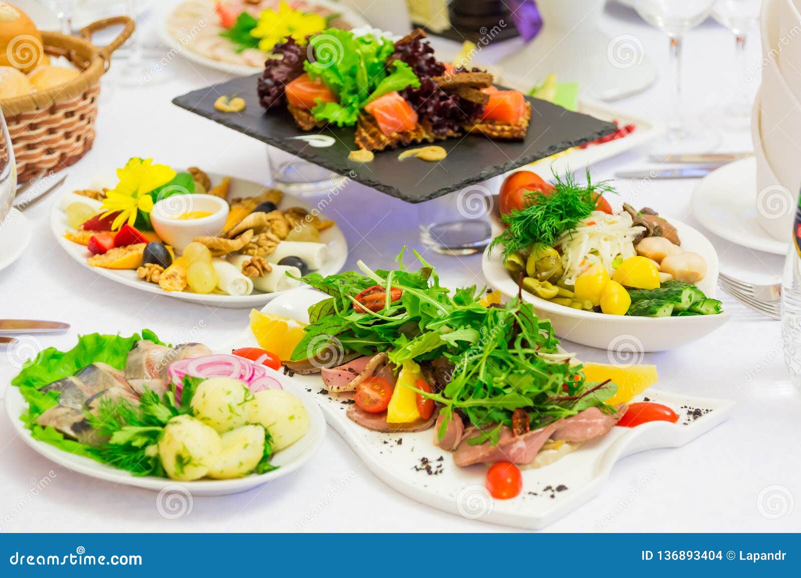 Various Cold Appetizers on the Buffet: Seafood, Vegetables, Meat ...