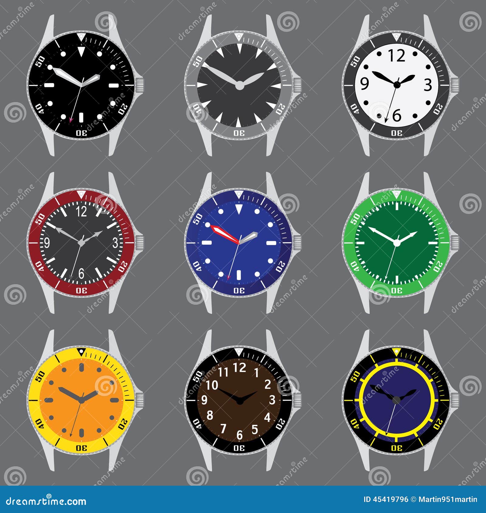 Various Color Divers Watch Case And Dials With Hands Vector ...